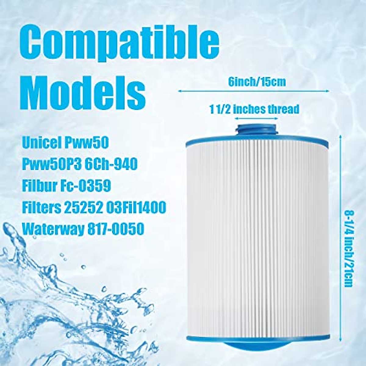 Spa Filter 1 1/2 Inch Coarse Thread Hot Tub Filter Compatible with Unicel PWW50 PWW50P3 6Ch-940 Filbur FC-0359 Filters 25252 03FIL1400 Waterway 817-0050 45 Sq. Ft Front Access Skimmer (6 Pcs)