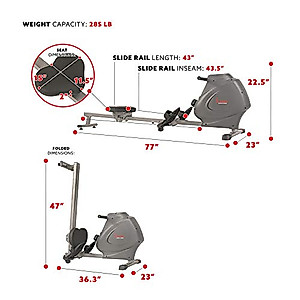 Sunny Health & Fitness Compact Folding Magnetic Rowing Machine with LCD Monitor, Bottle Holder, 43 Inch Slide Rail, 285 LB Max Weight - Synergy Power Motion - SF-RW5801, Gray