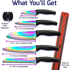 SiliSlick Kitchen Knife Set, Titanium Coated Stainless Steel Colorful Blades, Chef, Bread, Santoku Utility & Paring Knives, Magnetic Mounting Rack & Portable Sharpener