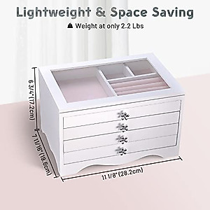 Ampersand Shops Elegant Jewelry Chest Box Storage Organizer with Mini Drawers and Mirror for Rings, Earrings, Bracelets and Necklaces (White))