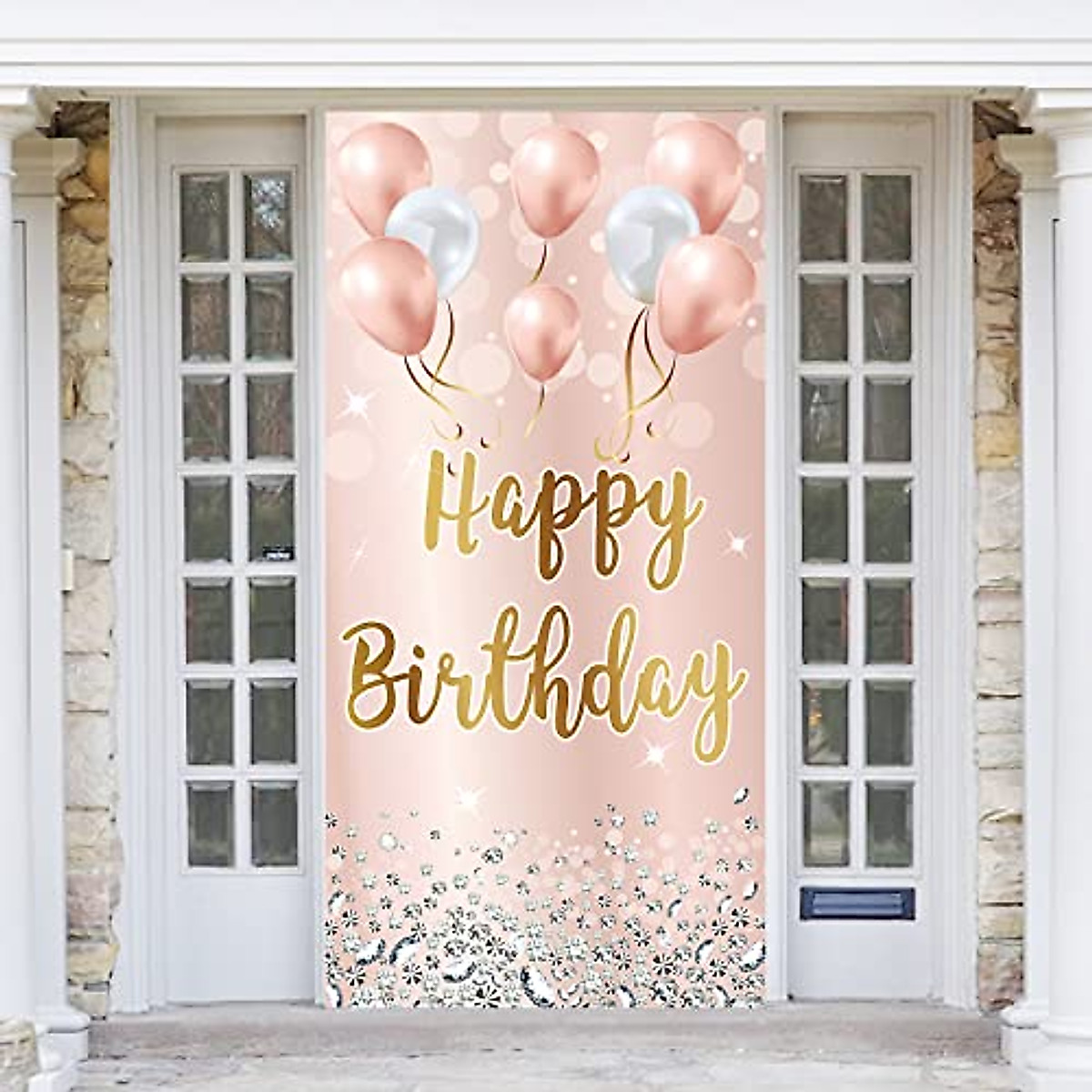 Pink Rose Gold Happy Birthday Door Banner Backdrop Decorations for Women Girls, Happy Birthday Party Door Cover Sign Background Supplies for 16th, 21st, 30th, 40th, 50th, 60th Birthday Décor