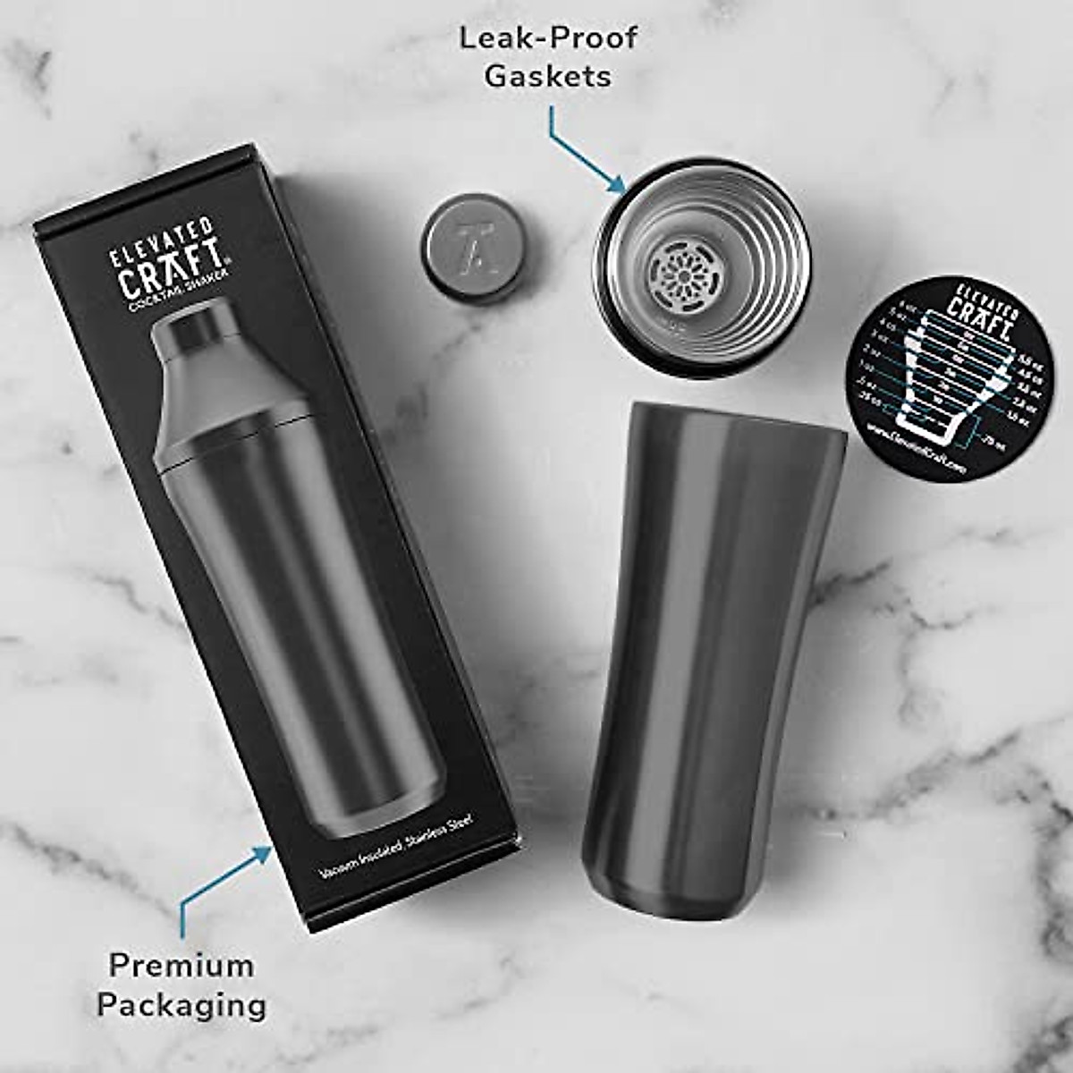 Elevated Craft Hybrid Cocktail Shaker - Premium Vacuum Insulated Stainless Steel Gunmetal Cocktail Shaker - Innovative Measuring System - Martini Shaker for the Home Bartender - 28oz Total Volume