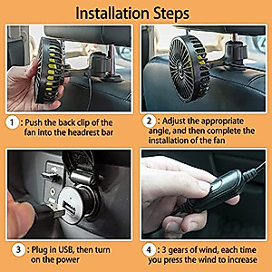 KINOWJI Electric Car Cooling Fan, USB Backseat Auto Rear Seat Fan 3 Speed Vehicle Clip Fan with 5 Piece Fan Blades for Car Vehicle Truck Van SUV RV Boat Bus