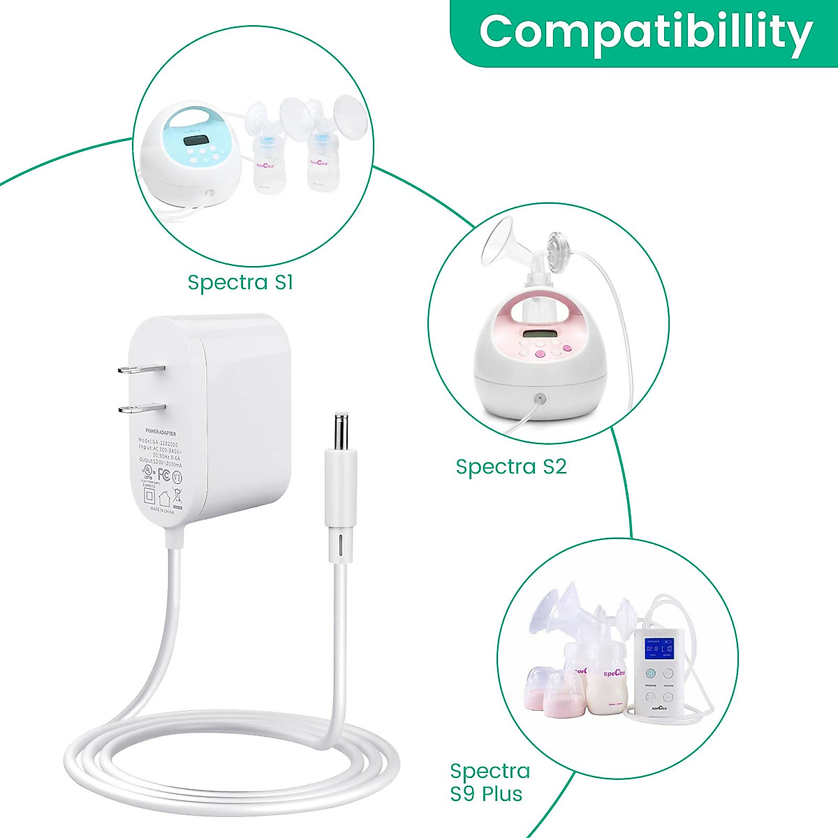 Charger Replacement for Spectra S1 S2 Breast Pump, 12V Power Adapter Cord