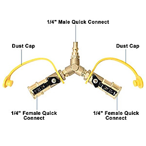 ATKKE 1/4'' RV Propane Y Splitter Adapter Quick Connect Fitting with Shutoff Valve for RV Trailer, 2 Way LP Quick Disconnect Fitting Connect to Hose for Motorhome Camping Tabletop Grill