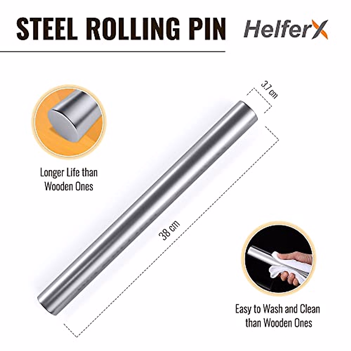 HelferX 15 inch Long Stainless Steel Rolling Pin for Baking - Perfect for Fondant, Dumpling, Ravioli, and Pizza Dough