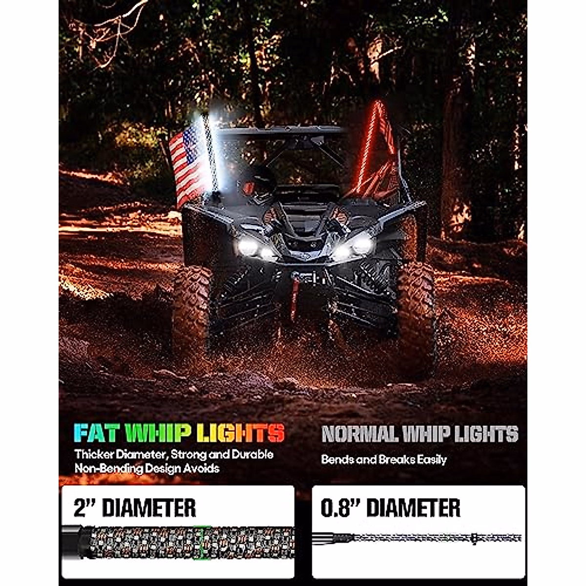 CO LIGHT Fat Spiral LED Whip Lights Thick Antenna 2FT Remote Control RGB Chasing/Dancing Light for UTV ATV 2PCS, APP-Supported 300 Colors & 200 Modes with Turn Signal, Brake Light, Reversing Light