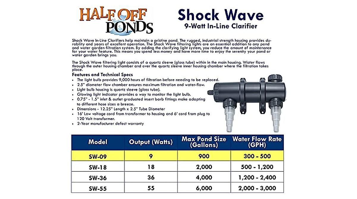 Shock Wave 9-Watt In-Line Clarifier for Clear Ponds Up to 900 Gallons