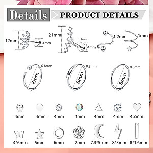 FASACCO Cartilage Earrings Silver 18G Flat Back Stud Earrings Surgical Steel Helix Tragus Piercing Jewelry