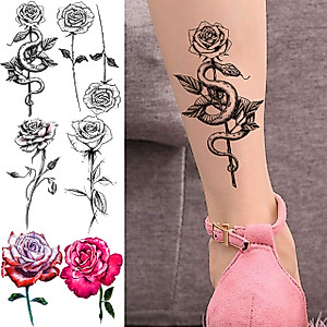 EGMBGM 24 Sheets Black Sketch Rose With Snake Temporary Tattoos For Women, Sexy Red Rose Branch Crescent Moon Tattoo Sticker For Girls, Waterproof Arm Leg Neck Fake Flowers Tattoo Temporary Tatoo Kit