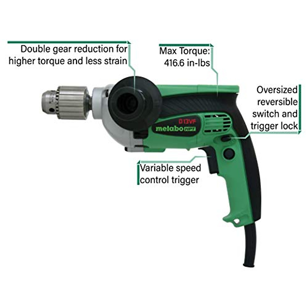 Metabo HPT Drill | 1/2-Inch| Corded | 9-Amp | 0-850 Rpm | Variable Speed Trigger | Form Fit Palm Grip | Contractor-Grade Cast Aluminum Gear Housing | Belt Hook | 5-Year Warranty | D13VF