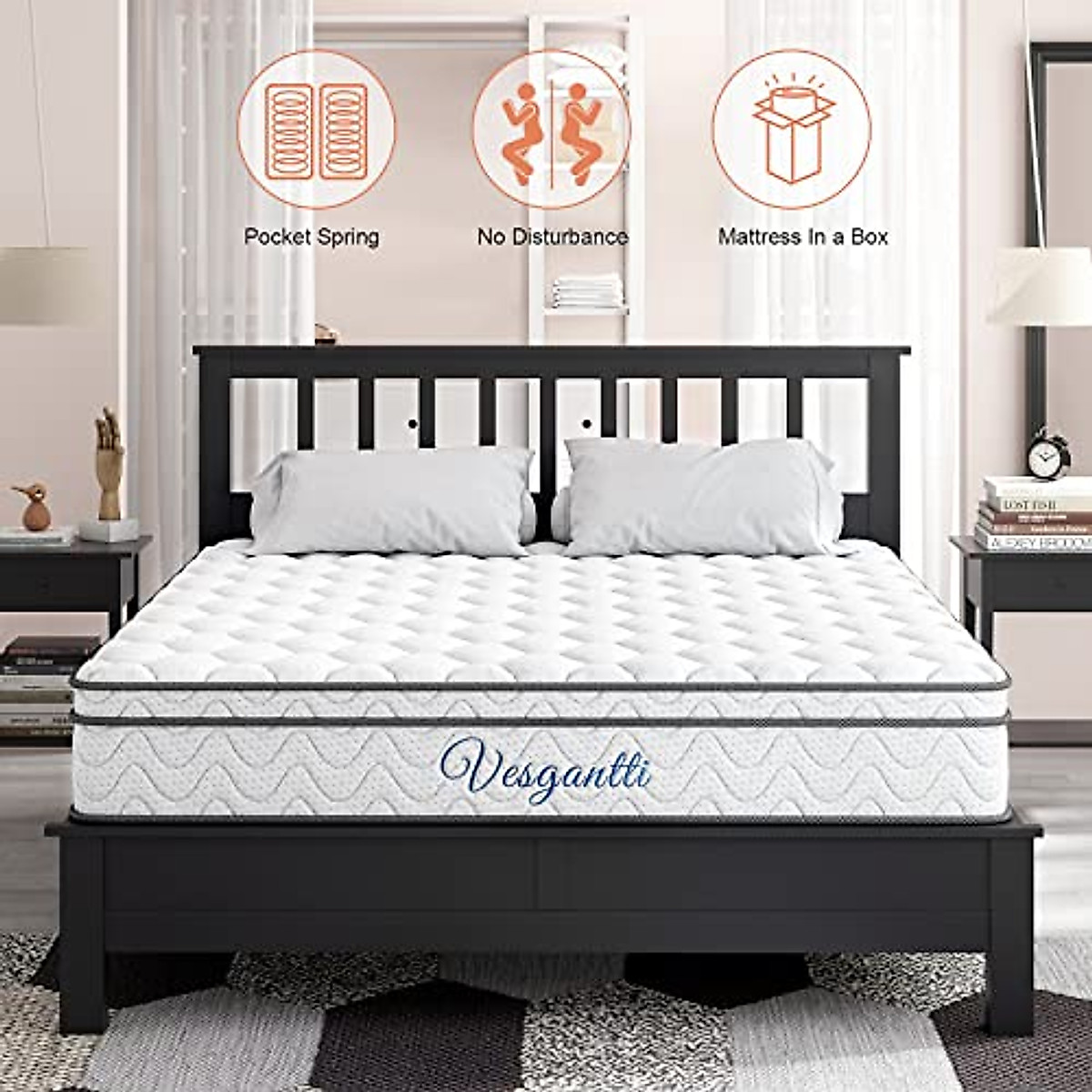 Vesgantti Queen Size Mattress, 12 Inch Hybrid Queen Mattress in a Box, Queen Bed Mattress with Memory Foam and Pocket Spring, Ergonomic Design & Pressure Relief, Medium Firm Feel, 60"*80"*12"