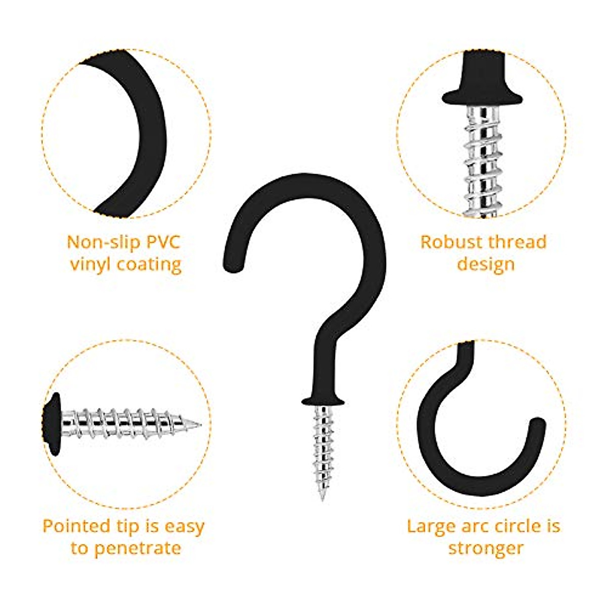 MJIYA 24 PCS Vinyl Coated Ceiling Hooks Question Mark Shape Hook Heavy Duty Screw Cup Hook for Bathroom Kitchen Wall Ceiling Hanging (Black, 1 Inch)