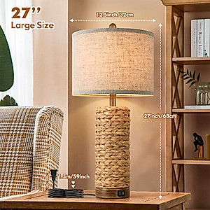 Set of 2 Rattan Table Lamps for Living Room with 2 USB Ports, 27in Tall Bedroom Lamp Costal Farmhouse, Rustic Woven Seagrass Bedside Nightstand Lamps for End Table, E26 Socket&Rotary Switch, No Bulb