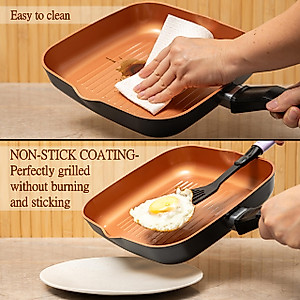 Moss & Stone Square Grill Pan For Indoor Cooking, 9.5In Frying Pan Copper Non-Stick Saute Fry Pan, Induction Copper Pan for Meats & Vegetables, Aluminum Griddle Nonstick Stove Top Grill Pan