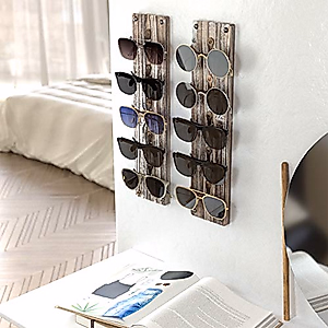 J JACKCUBE DESIGN Rustic Wood Wall Mounted Sunglasses Storage Organizer 10 Eyeglasses Holder Display Rack Set of 2 with 5 Metal Hooks on Each Holder -MK691A