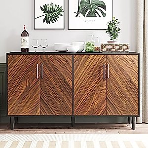 Black Sideboard Buffet Cabinet, 58’’ Buffet Cabinet with Storage, Black Sideboards and Buffets with Doors, Mid Century Sideboard with Doors, Modern Credenzas with Adjustable Shelf for Living Room