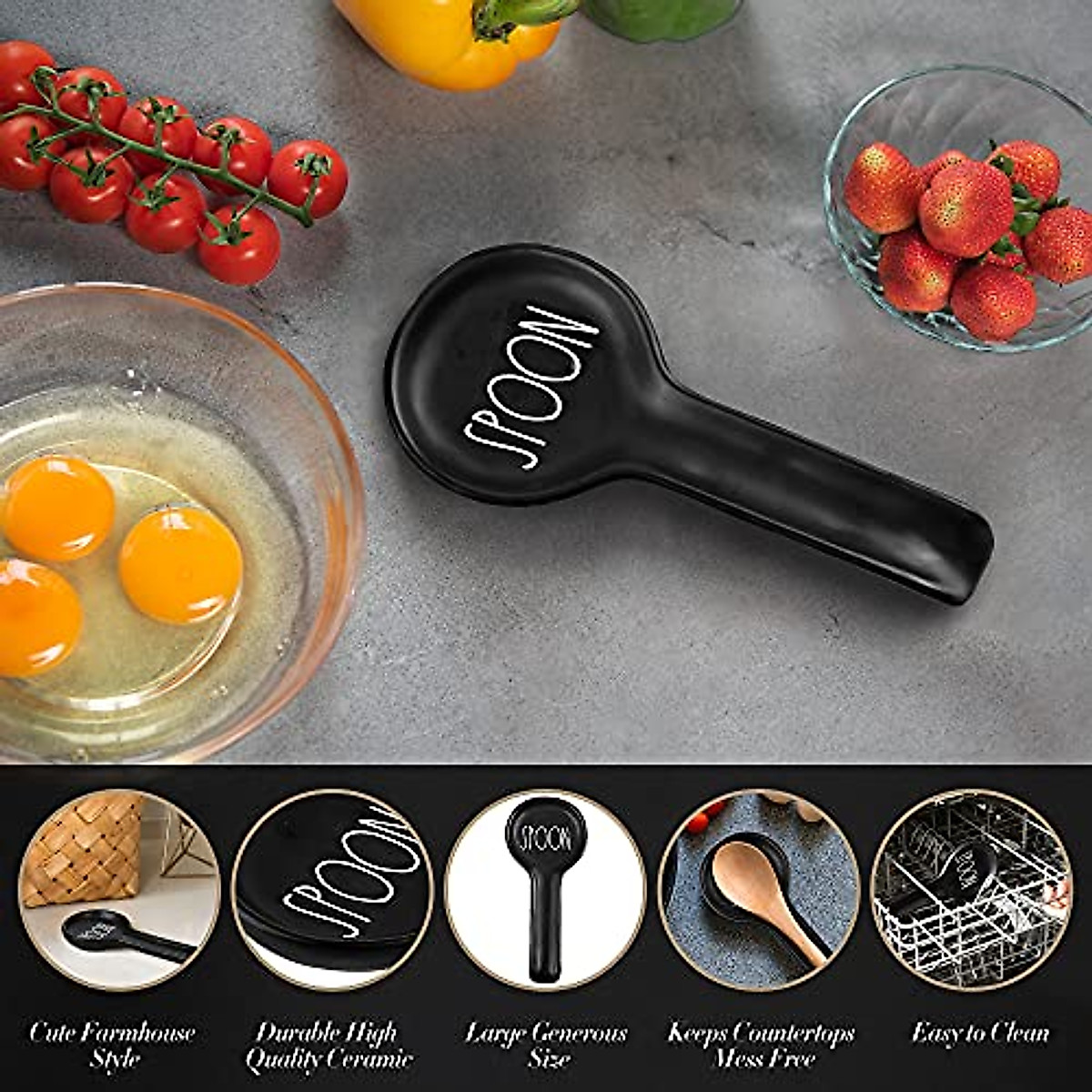 Ceramic Spoon Holder for Kitchen Counter by Brighter Barns - Black Kitchen Spoon Rest for Stove Top - Farmhouse Spoon Rest - Ceramic Ladle Spatula Holder for Countertop - Farmhouse Kitchen Decor