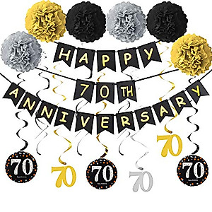 Yoaokiy 70th Anniversary Decorations Kit - 16Pcs - Including 1Pcs Happy 70th Anniversary Banner, 9Pcs 70 Hanging Swirl, 6Pcs Poms - 70th Wedding Anniversary Party Decorations Supplies…