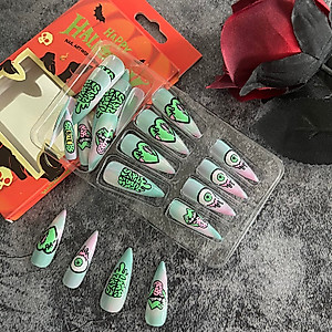 Halloween Stiletto Press on Nails Medium，Green Fake Nails Gradient False Nails with Eyeball Love Wound Lips Tongue Brain Styptic Halloween Designs Acrylic Nails Glossy Artificial Nails for Women 24Pcs