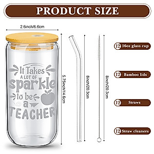 Pinkunn 12 Set Teacher Cup Appreciation Gifts Bulk for Women Glass Cups 16oz Can Shaped Beer Glass with Lids Straws Brushes Teacher Birthday Gifts(Colorful)