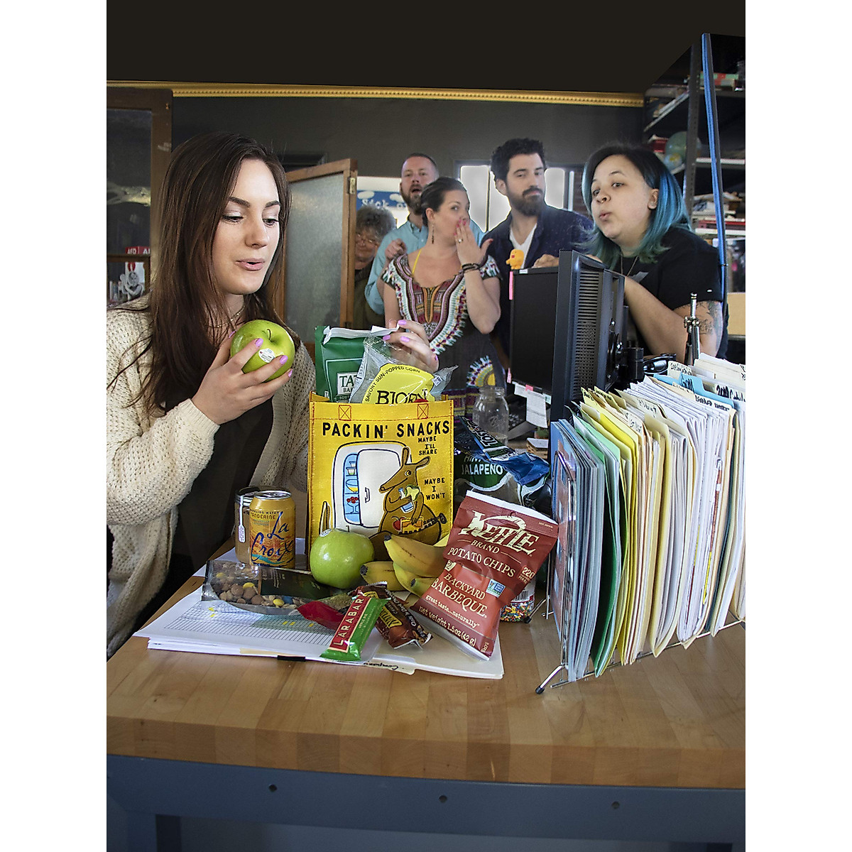 Blue Q Handy Tote, Packin' Snacks, reusable lunch sack or gift bag, made from 95% recycled material, easy to wipe clean, 10"h x 8.5"w x 4.5"d