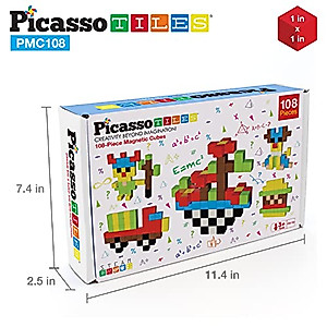 PicassoTiles Magnetic Toy_Building_Block Cubes Building Block, 3D Cube Construction Toy with Free Idea Book for Kid, Baby, Boy, Girl & Toddlers 108 Piece