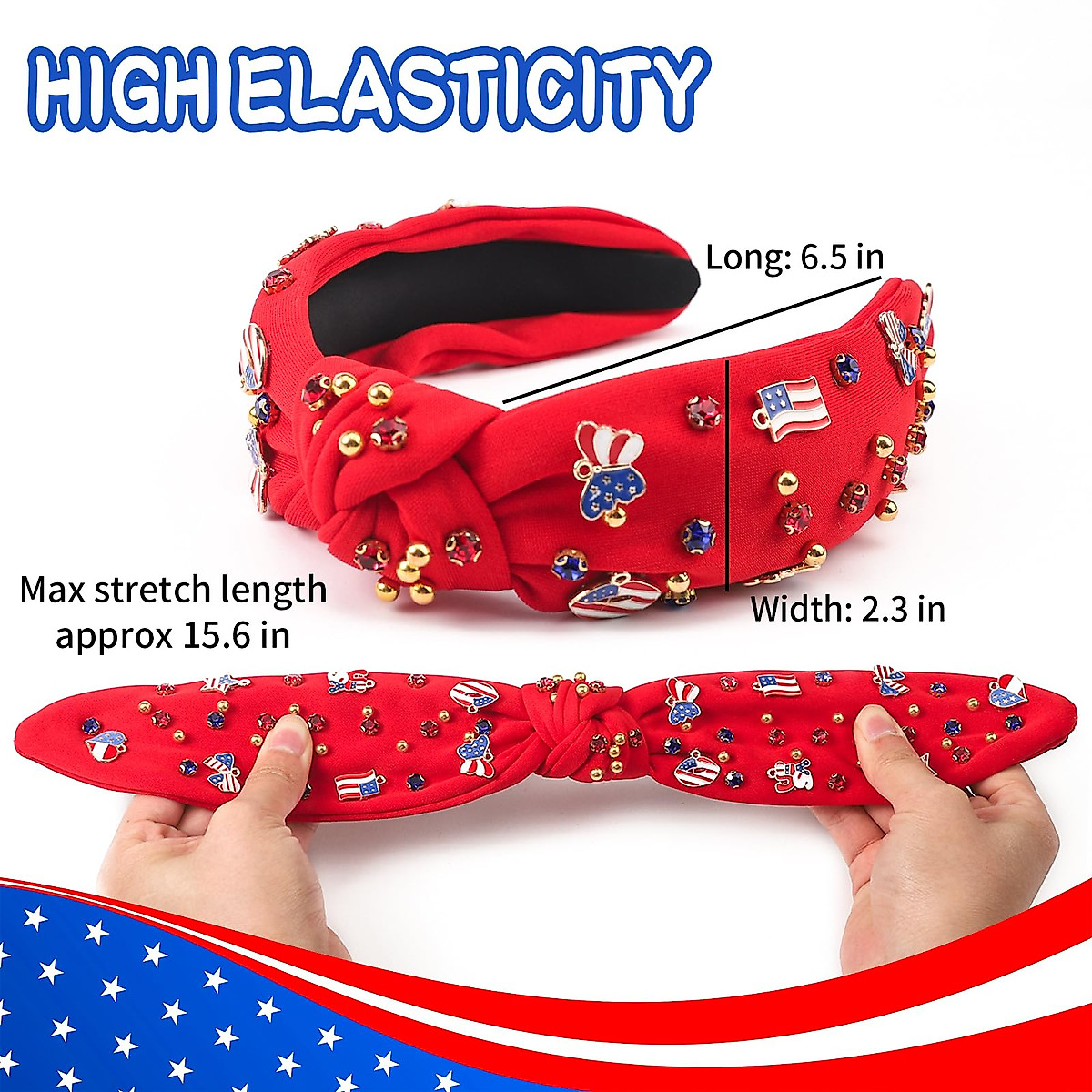 Gushu 4th of July Headband for Women, Fourth of July Red Knotted Patriotic Headband, Wide Top Knot Hair Band with Rhinestones, Beads and American Flag Charms, Memorial Independence Day Party Favors
