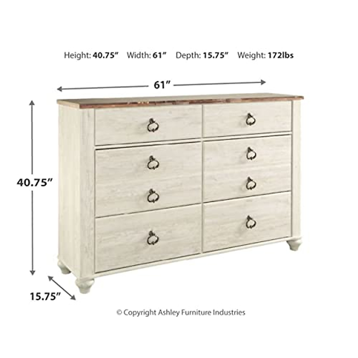 Signature Design by Ashley Willowton Coastal Cottage 6 Drawer Dresser with Faux Plank Top, Whitewash