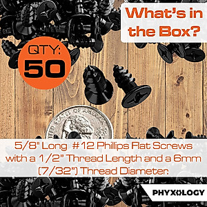 Durable #12 x 5/8" Black Phillips Head Screws 50 Pk. Versatile, Super Small, Coarse-Thread Coated Magnetic Steel Wood Screws Great for Indoor DIY Woodworking Projects, Furniture, and Handiwork