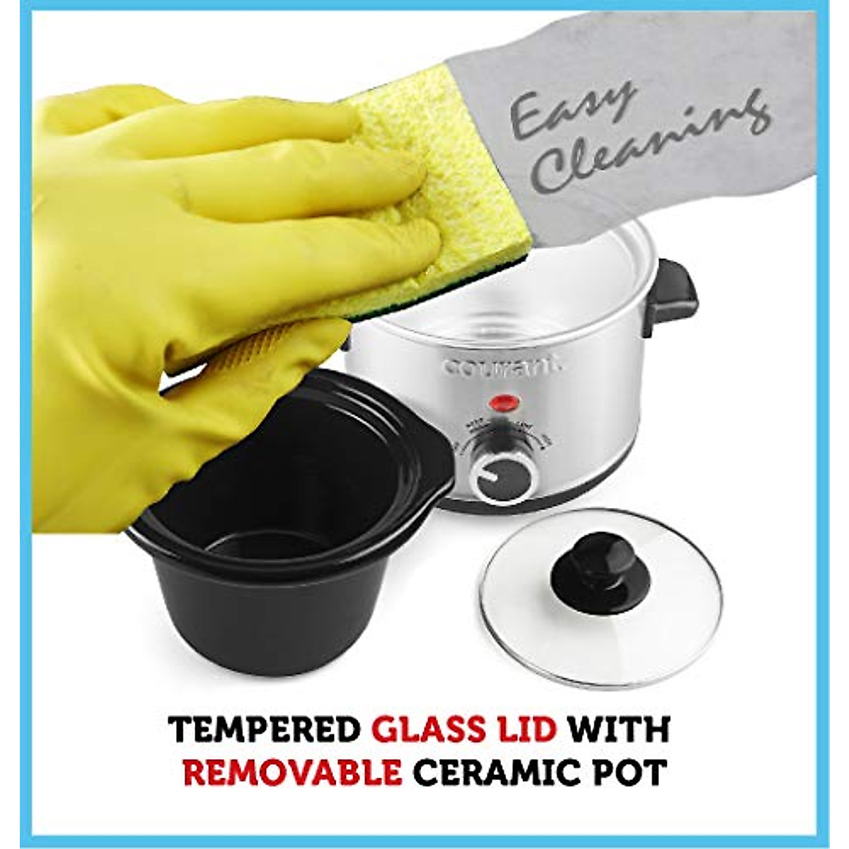 Courant Mini Slow Cooker Crock, with Easy Options 1.6 Quart Dishwasher Safe Pot, Red