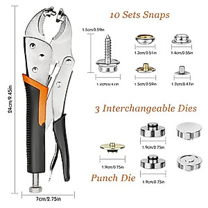 Sopnom Heavy Duty Snap Fastener Tool (3 Replaceable Dies), Adjustable Snap Buttons Kit Tool with Pucher, Includes 10 Sets 15mm Snaps for Boat Cover, Replacing Metal Snaps, Boat Covers, Canvas, Tarps