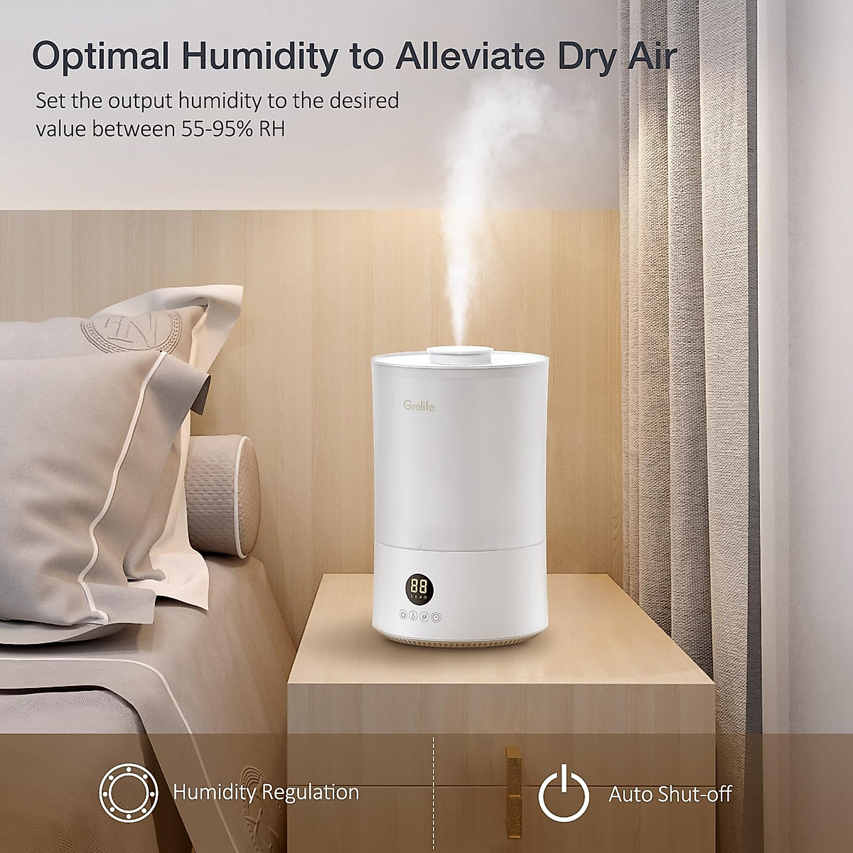 Grelife Humidifiers for Bedroom, 4L Top Fill Cool Mist Humidifier with Night Light, Quiet, Humidistat, Auto Shut-Off, Timer, Easy Clean, Ultrasonic Air Humidifier for Home, Baby Nursery & Plants