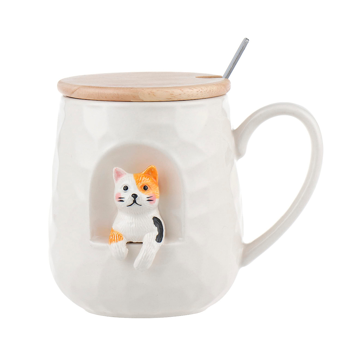 Mug Coffee Ceramic Cup Novel 3D Cat Pattern with Lid and Matching Spoon Cartoon Handmade Mug for Tea Milk Chocolate Juice Suitable for People Who Love Cats Small Animals (Cat side)