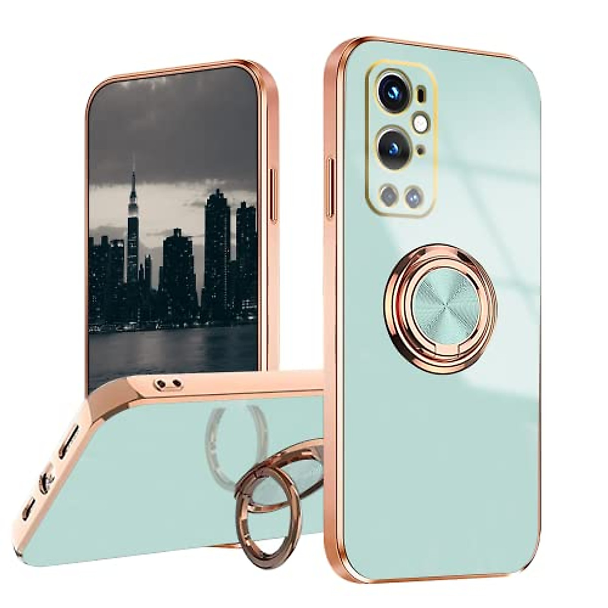 Jancyu Compatible with Oneplus 9 Pro case, Phone Cases for Oneplus 9 Pro with Ring Holder, 360 Degrees Protective Silicone Magnetic Car Holder (Green)