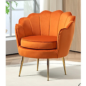 US Pride Furniture Velvet Barrel Chair, Stylish Accent with Scalloped Backrest and Gold Metal Legs, Suitable for Traditional, Modern, and Contemporary Living Rooms, Orange