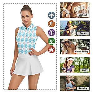 Womens Sleeveless Blue Golf Shirt Printed Polo Tennis Shirts Moisture Wicking Athletic Sport Golf Tanks for Women