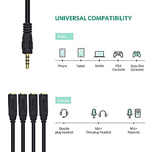 Poyiccot 3.5mm Splitter Mic and Audio Cable, 3.5mm Headphone Splitter 1 to 4 Ways 3.5mm (1/8") TRRS 4Pole Male to 4Female Cable for Earphone & Headset Phone (3.5mm trrs Aux Cable Spiltter )
