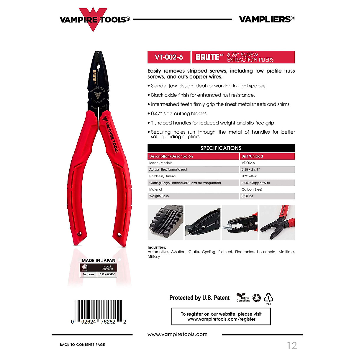 VAMPLIERS BRUTE 6.25" Stripped Screw Extraction Pliers. High Carbon Steel with Black Oxide Finish. Remove any Stripped/Damaged/Stuck Screws & Stubborn Fasteners. Made in Japan: VT-002-6