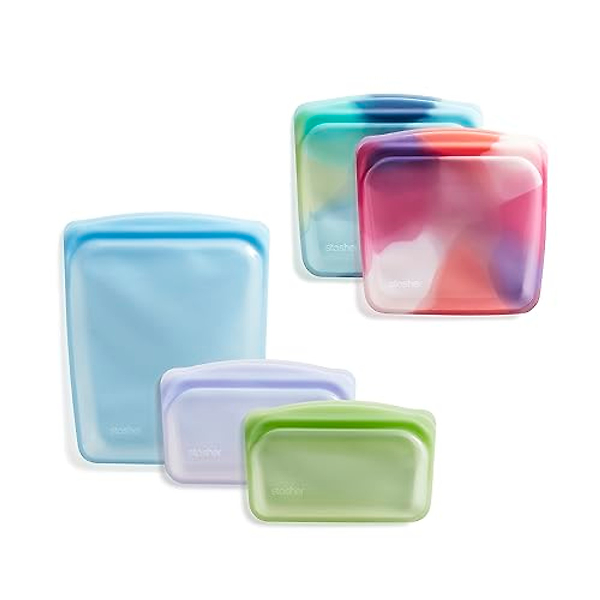 Stasher Premium Silicone Reusable Food Storage Bags, 5-Pack, Tie Dye Multi | Multi-Use Food Storage Bags, Lunch Bag, Travel Containers | BPA Free, Leak-free, Dishwasher-Safe, Eco-friendly