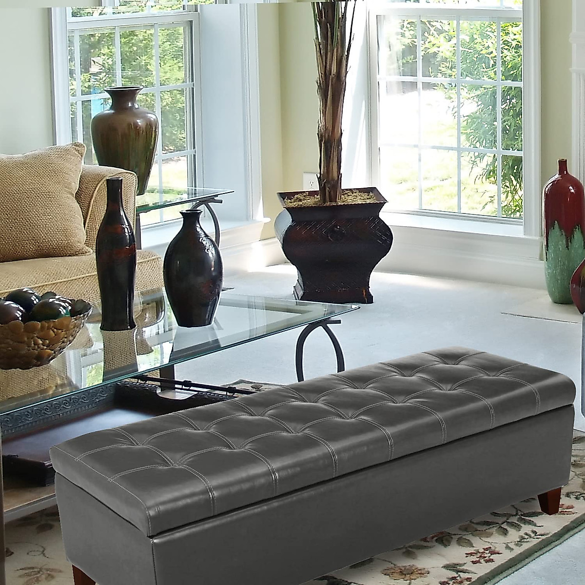 Joveco 51" Storage Bench Ottoman Footstool- Tufted Storage Ottoman Bench- Bonded Leather Footrest for Living Room and Bedroom (Gray)