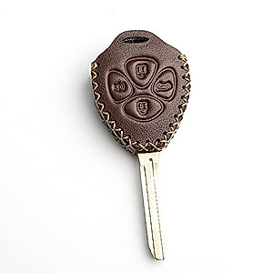 WFMJ Leather for Toyota Camry Land Cruiser Matrix Avalon Corolla Remote 4 Buttons Key Case Holder Cover Fob Chain (Brown)