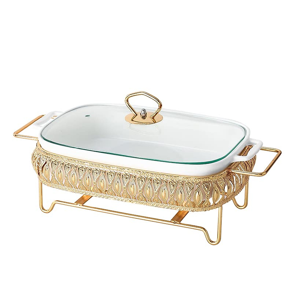 HONHPD 3 Pieces Set Gold Ceramics Chafing Dish Buffet Set, Full Size Chafers and Buffet Warmers W/Glass Lid, Underglaze Rectangle Food Warming Tray for Weddings Party（11inch, 13inch, 15inch）