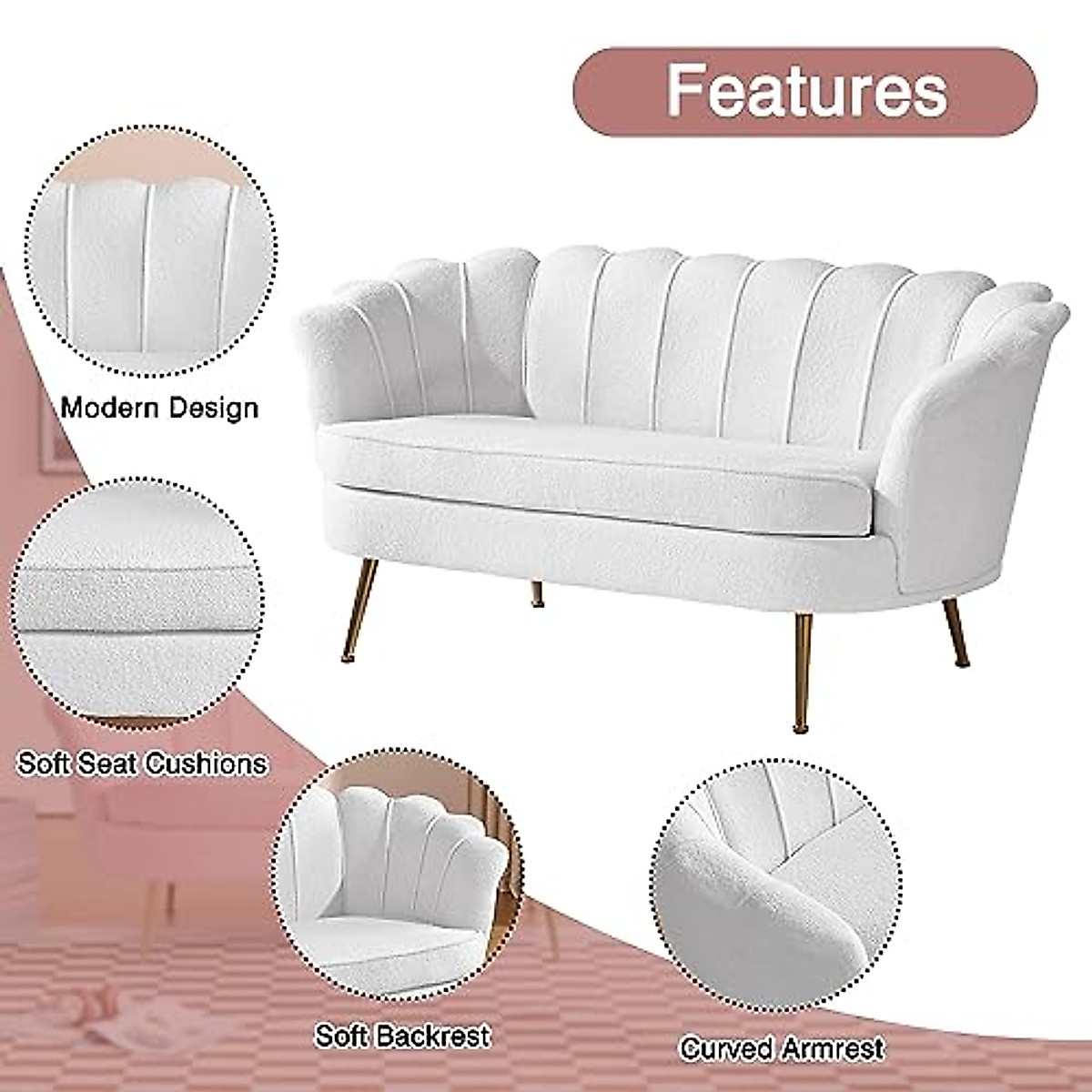 QHITTY Velvet Loveseat, 58'' Teddy Velvet Sofa Accent Couch Settee Upholstered Chair, 2 Seater Small Loveseat for Small Spaces, Living Room (White)