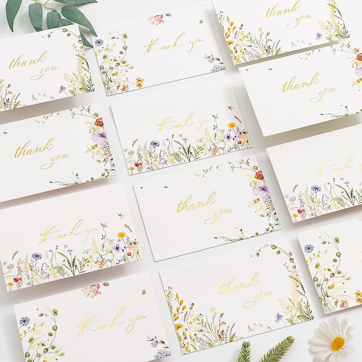 Crisky 4 Assorted Gold Foil Thank You Cards, Watercolor WildFlowers (50 Cards with Envelopes for Birthday, Baby Shower, Bridal Shower, Wedding, All Occasion)