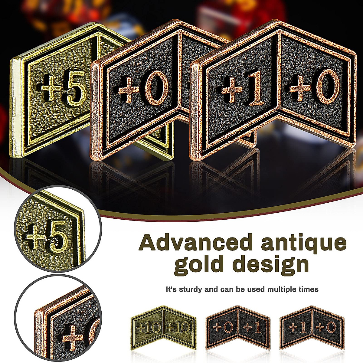 60 Pieces Magic Gathering Counters Tokens Antique Gold Metal Tokens Counters Double Sided Compatible with CCG and MTG with Velvet Drawstring Pouch