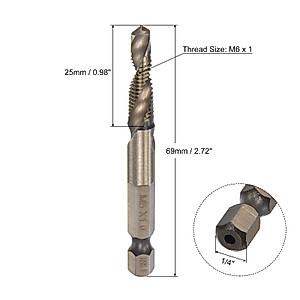 uxcell Combination Drill and Tap Bit, 1/4" Hex Shank M6 x 1 Metric Titanium Coated High Speed Steel 6542 Spiral Flute Drilling Tapping Tool