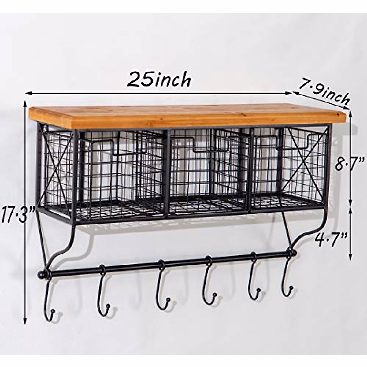 Ctystallove Industrial Wall Mounted Metal Wood Shelf with Baskets Hooks Hanging Storage Rack Display Shelf Sundries Holder for Coffee Bar Kitchen Office Bathroom Organization and Home Decor, Black