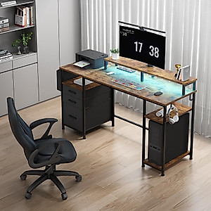 Lufeiya Computer Desk with Fabric File Drawers Cabinet, 55 Inch Home Office Desk with Shelves Monitor Stand, Study Writing Gaming Desks with Led Lights and Power Outlets for Bedroom, Rustic Brown
