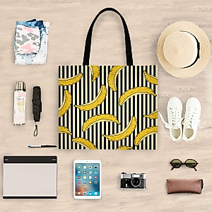 visesunny Women's Large Canvas Tote Shoulder Bag Tropical Banana Stripe Top Storage Handle Shopping Bag Casual Reusable Tote Bag for Beach,Travel,Groceries,Books
